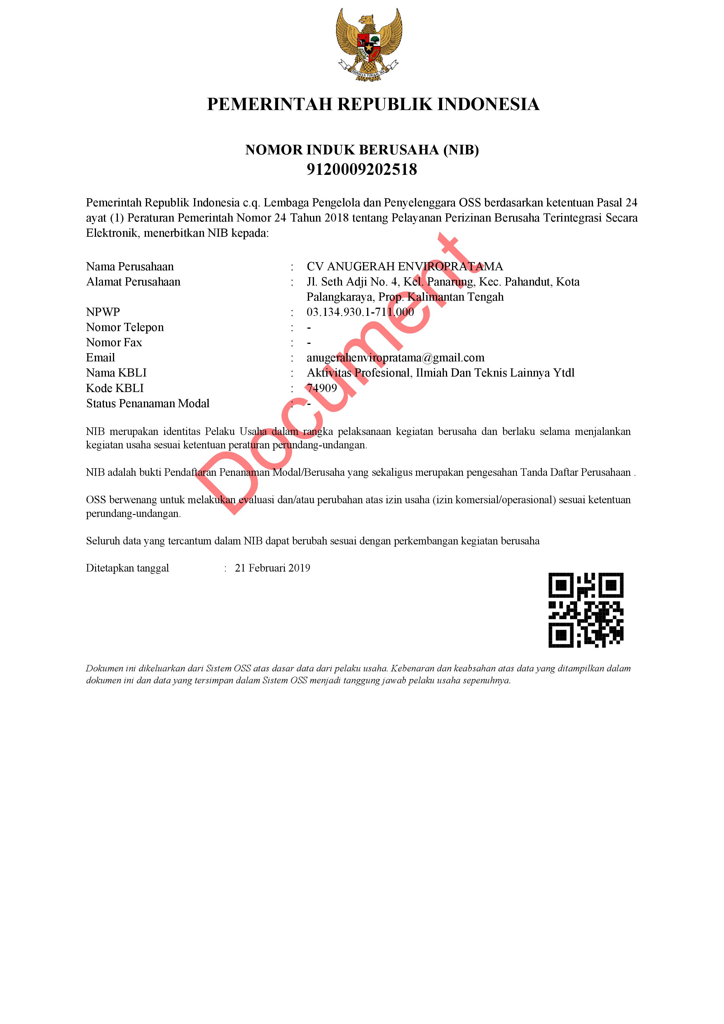 Nomor Induk Berusaha (NIB) OSS
