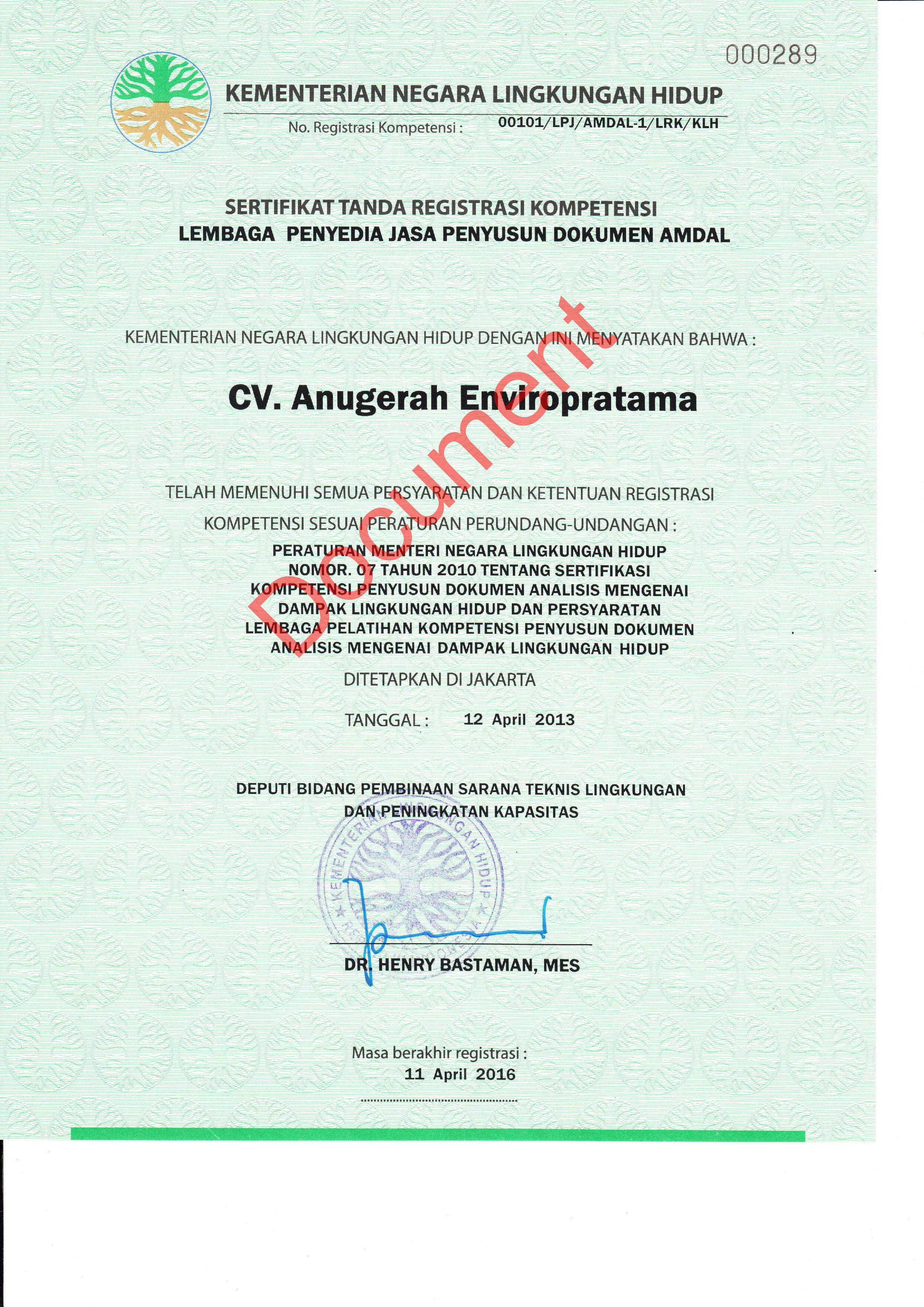 Sertifikat Lembaga Penyedia Jasa Penyusun (LPJP) AMDAL