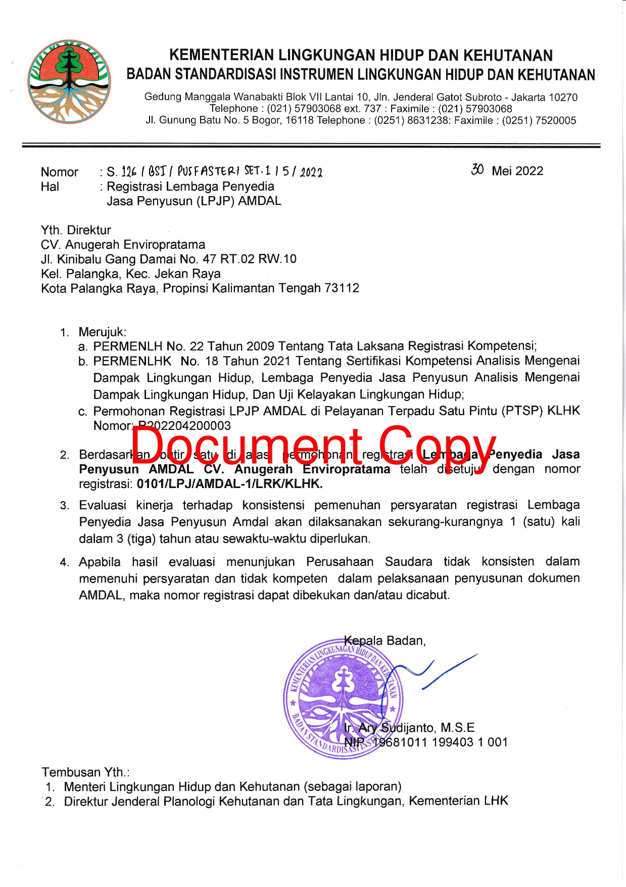 Sertifikat Lembaga Penyedia Jasa Penyusun (LPJP) AMDAL